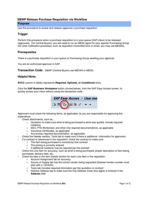 Sbwp Release Purchase Requisition Via Workflow Pdf Pdf