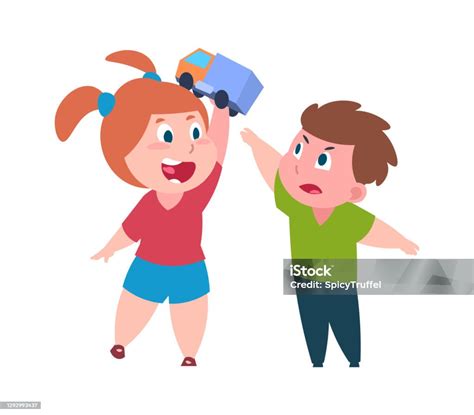 나쁜 행동 형제 자매 싸움 소녀는 장난감으로 소년을 놀리고 있습니다 고립된 아이들이 논쟁하고 있다 가족 에서 노인과 어린 아이들 사이의 갈등 벡터 관계 플랫 일러스트레이션