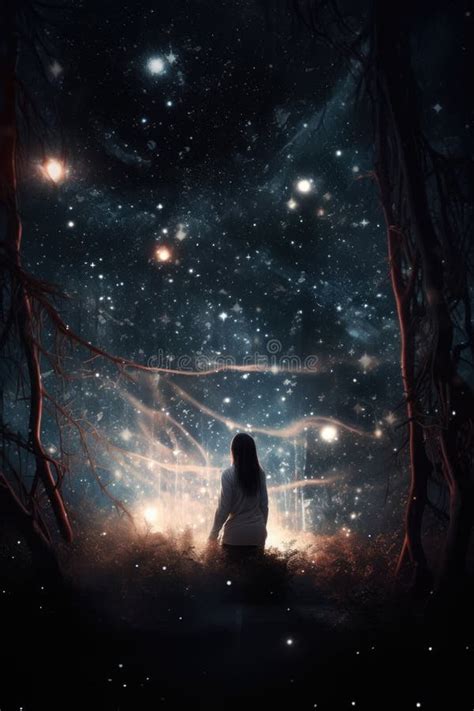 Thoughtful Woman In Forest Over Stars And Space Created Using Generative Ai Technology Stock