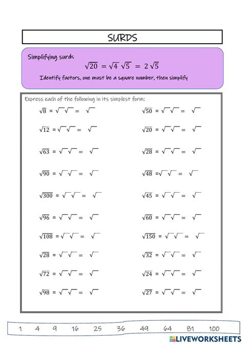 Simplifying Surds Worksheet