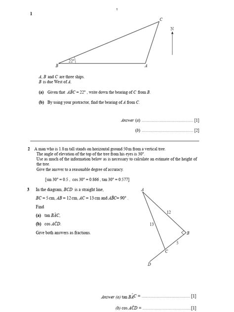 Trigonometry Past Paper 1 Questions Pdf Triangle Euclidean Plane Geometry