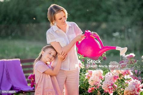 린넨 핑크 드레스를 입은 엄마와 딸이 오두막의 정원에서 모란을 돌보고 꽃을 물 그는 완벽하게 미소를 지으며 웃었다 저녁 설정 태양의 광선에 의해 조명 2명에 대한 스톡 사진