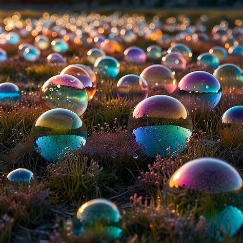 Field Of Floating Translucent Bubbles With Iridescent Shifting Colors Creating A Dreamlike