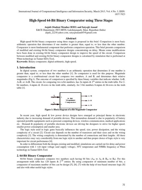 Pdf Paper 4 High Speed 64 Bit Binary Comparator Using Three Stages