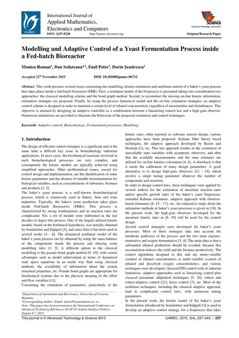 Pdf Modelling And Adaptive Control Of A Yeast Fermentation Process