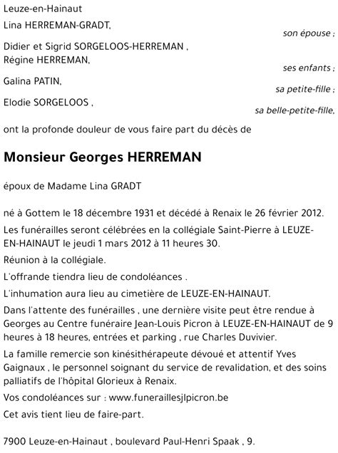 Avis De Décès De Georges Herreman Décédé Le 26022012 à Ronse