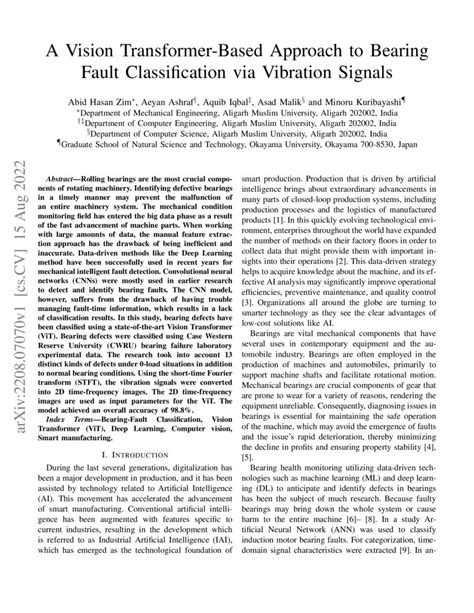 A Vision Transformer Based Approach To Bearing Fault Classification Via
