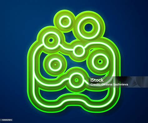 빛나는 네온 라인 스폰지 아이콘은 파란색 배경에 분리되어 있습니다 설거지를위한 인피 한 줄기 청소 서비스 개념입니다 벡터 가사