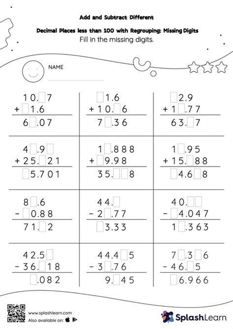 Add And Subtract Different Decimal Places Less Than 100 With Regrouping Missing Digits Math