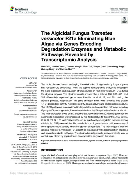 Pdf Contentthe Algicidal Fungus F21a Eliminating Blue Algae