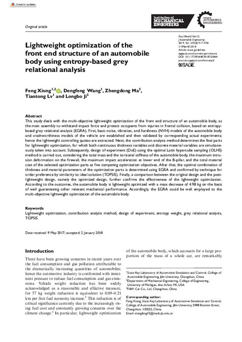 Pdf Lightweight Optimization Of The Front End Structure Of An Automobile Body Using Entropy