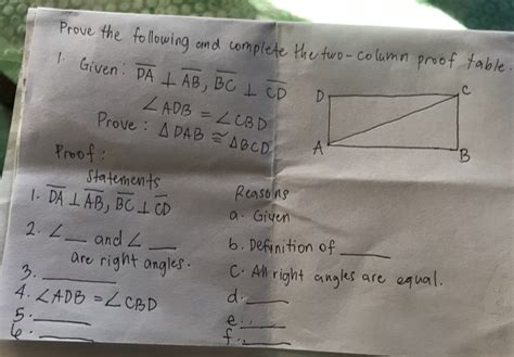 solved prove the following and complete the two column proof table 1