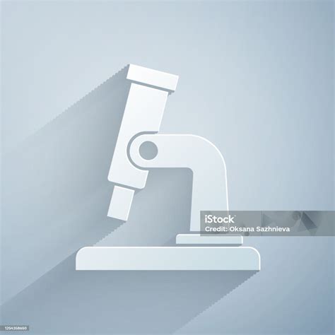 회색 배경에 격리 된 용지 절단 현미경 아이콘 화학 제약 기기 미생물학 확대 도구 종이 아트 스타일 벡터 3차원 형태에 대한 스톡 벡터 아트 및 기타 이미지 Istock