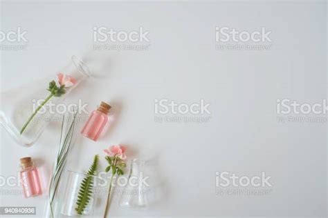 실험실 실험 및 연구 잎 기름 성분과 자연의 아름다움과 유기농 스킨케어 제품에 대 한 레이블 바이오 과학 개념에 대 한 빈 병을 추출합니다 대체 의학입니다 스파입니다 개념에