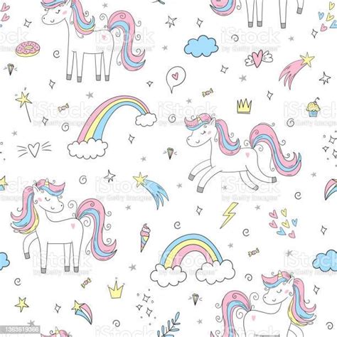 귀여운 요정 유니콘과 매끄러운 패턴 어린이 의류 직물 섬유 보육 장식 포장지에 적합합니다 벡터 일러스트레이션 창조적 인 유치한 배경 귀여운에 대한 스톡 벡터 아트 및 기타