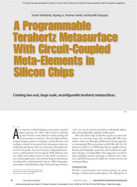 Pdf A Programmable Terahertz Metasurface With Circuit Coupled Meta Elements In Silicon Chips