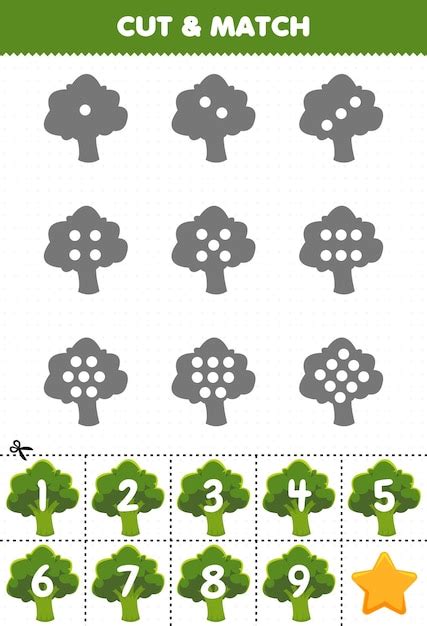 아이들을 위한 교육용 게임은 각 실루엣의 점을 세고 올바른 번호가 매겨진 녹색 브로콜리 야채 인쇄용 워크시트와 일치시킵니다 프리미엄 벡터