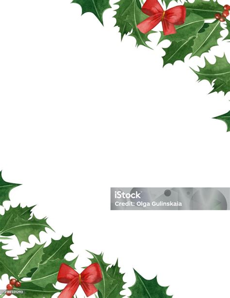 빨간 열매와 빨간 축제 리본이 있는 호랑가시나무 잎으로 만든 크리스마스 카드 모든 물체는 수채화로 손으로 칠해집니다 수채화 카드 카드 및 초대장 용지에 인쇄에 적합 0명에