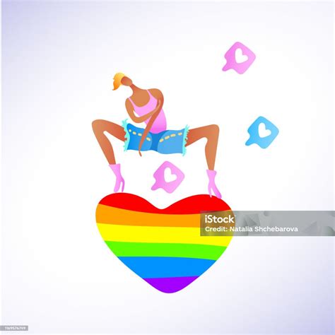 벡터 다채로운 그림 무지개 심장에 서 발 뒤꿈치에 유행 게이 남자 사인과 같은 소셜 네트워크 플랫 만화 스타일 고립 성소수자 트랜스젠더 권리 개념 등에 적용 가능 개념에