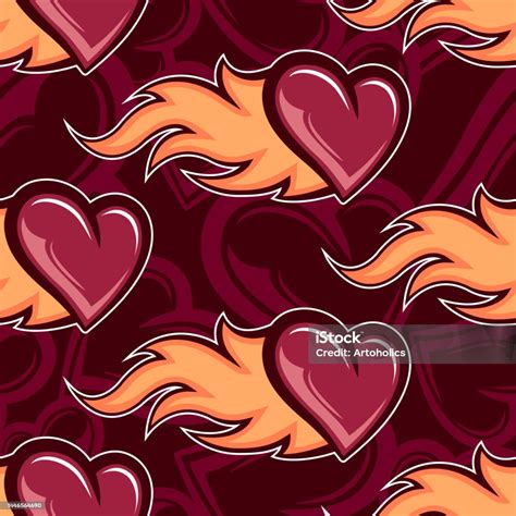 사랑의 마음과 불 불꽃 그래픽 발렌타인 데이 포장지 엽서 섬유 및 벽지 디자인을 위한 사랑 패턴 매끄러운 패턴 벡터 이미지 귀여운에 대한 스톡 벡터 아트 및 기타 이미지