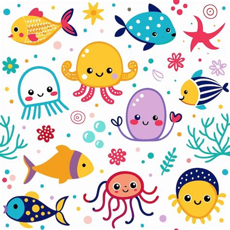 다채로운 디자인 을 가진 귀여운 만화 해양 생물 프리미엄 Ai 생성 벡터