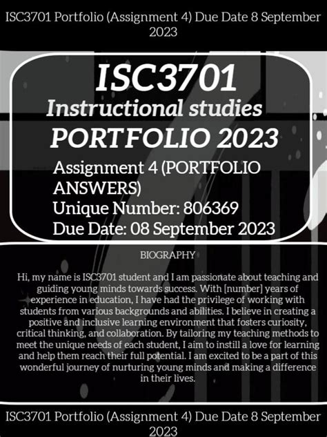 ISC3701 Assignment 4 PORTFOLIO 2023 Unique Number 806369 Due Date 08 September 2023