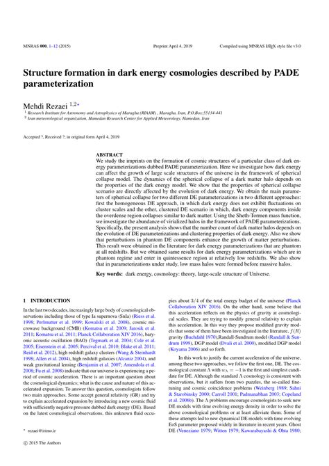 Pdf Structure Formation In Dark Energy Cosmologies Described By Pade Parametrization