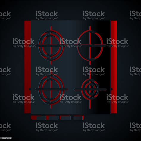 검은 색 배경에 격리 된 가스 스토브 아이콘을 잘라 용지 쿡탑 기호 4 개의 원 버너와 호브 종이 아트 스타일 벡터