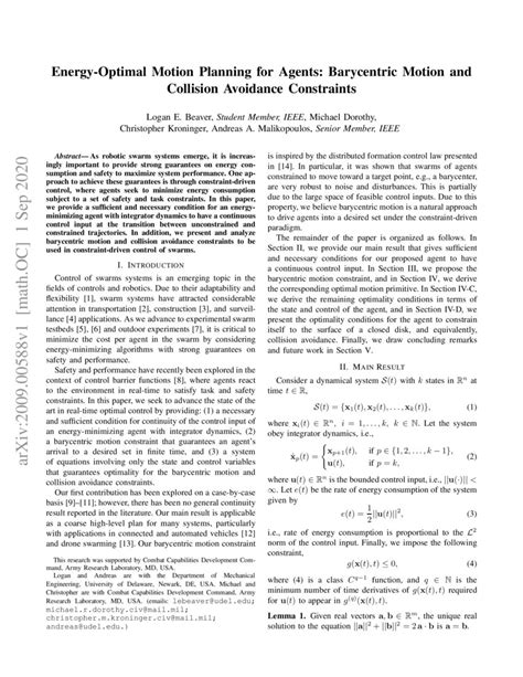 energy optimal motion planning for agents barycentric motion and collision avoidance