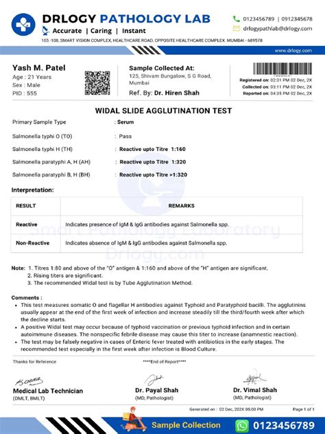 Widal Test Report Format Example Sample Template Drlogy Lab Report Pdf