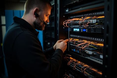 Premium Ai Image Man Engineer Working On Computer Server Rack Switchboard