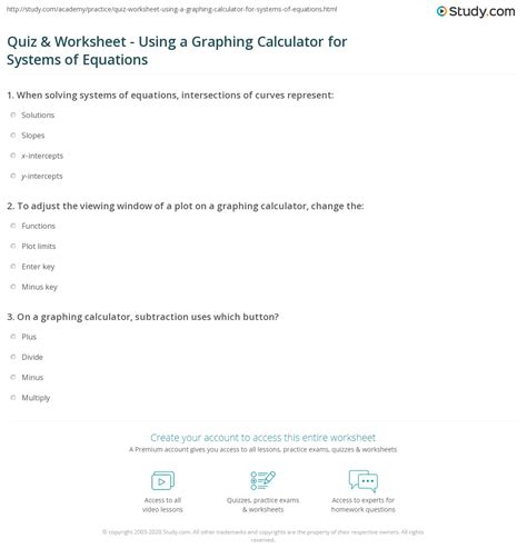 Quiz And Worksheet Using A Graphing Calculator For Systems Of Equations