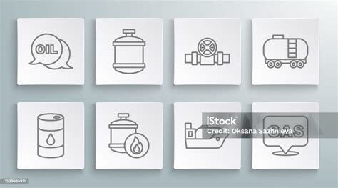 세트 라인 배럴 오일 프로판 가스 탱크 유조선 선박 위치 및 역 금속 파이프 밸브 철도 수조 및 단어 아이콘 벡터 0명에 대한