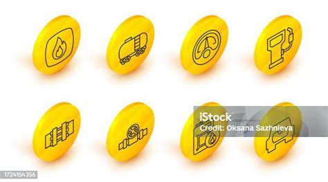 차량용 가스 탱크 캐니스터 모터 오일 금속 파이프 및 밸브 휘발유 주유소 모터 게이지 석유 철도 저수조 및 화재 불꽃 아이콘을 설정합니다 벡터 0명에 대한 스톡 벡터 아트