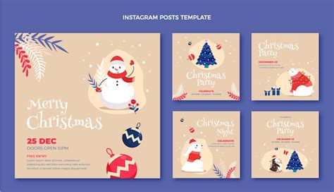 플랫 크리스마스 인스타그램 게시물 모음 무료 벡터