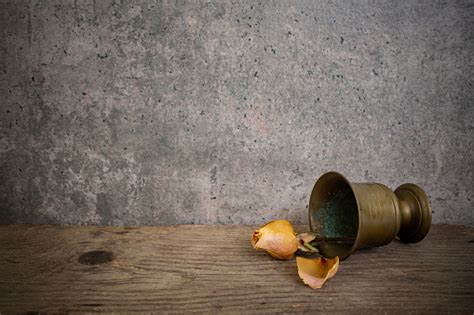 풍 화 된 나무 판자와 회색 시멘트 질감의 벽 배경에 말린 장미가 달린 황동 컵 추상적 인 빈티지 비네트 배경 0명에 대한 스톡 사진 및 기타 이미지 Istock