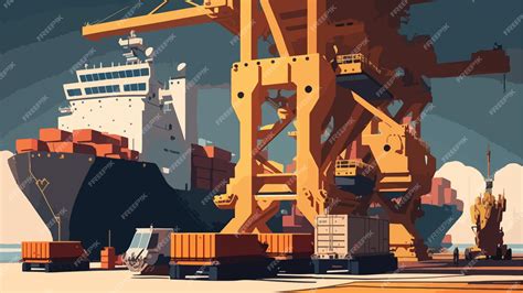 조선소에서 크레인 교량을 작동하는 컨테이너 화물선 및 화물 비행기의 비즈니스 물류 및 운송을 위한 선박 항구의 컨테이너 트럭 프리미엄 벡터