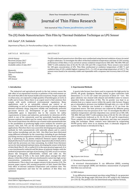 Pdf Tin Ii Oxide Nanostructure Thin Film By Thermal Oxidation Technique As Lpg Sensor