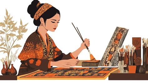 Vector Illustration Of A Javanese Woman Painting Batik Premium AI Generated Image