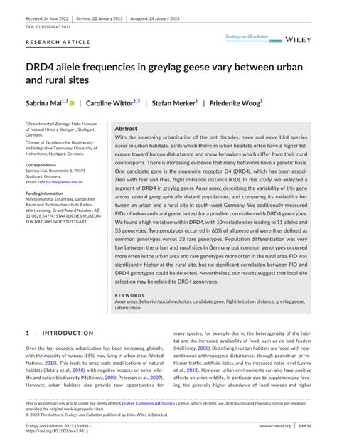 Pdf Drd4 Allele Frequencies In Greylag Geese Vary Between Urban And