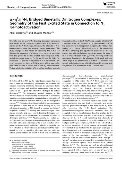 μ2‐η η‐n2 Bridged Bimetallic Dinitrogen Complexes Geometry Of The First Excited State In