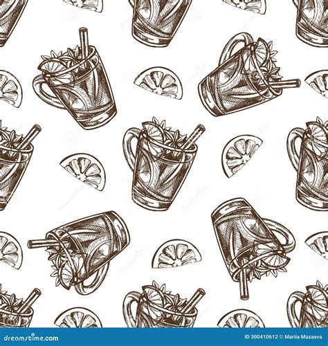 Seamless Pattern Of Hand Drawn Mug With Mulled Wine In Sketch Style