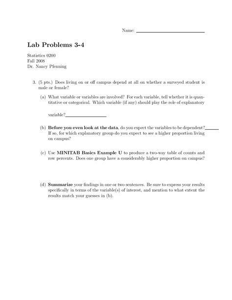 Laboratory 3 Problems Basic Applied Statistics Stat 0200 Docsity