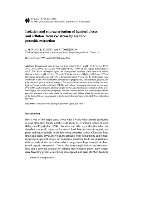 Pdf Isolation And Characterization Of Hemicelluloses And Cellulose From Rye Straw By Alkaline