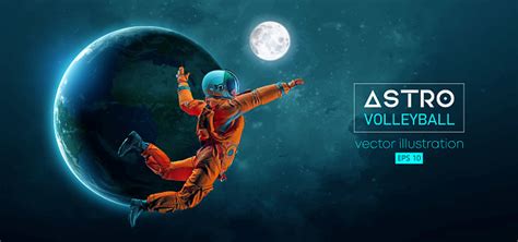 배구 선수 우주 비행사 우주 활동 지구 화성 행성 우주를 배경으로 한 추상적인 실루엣 배구 선수 우주 비행사가 공을 칩니다 벡터 3d 렌더링 그림 Championship에