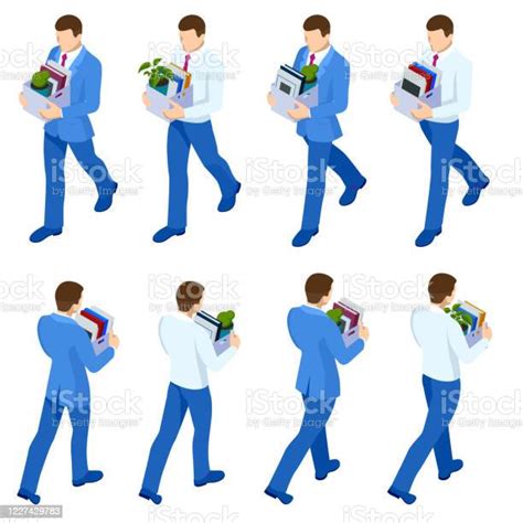 자신의 물건상자를 들고 좌절 한 사업가의 아이소메트릭 세트 실업 위기 실업 및 직원 일자리 감소 사직에 대한 스톡 벡터 아트 및 기타 이미지 Istock