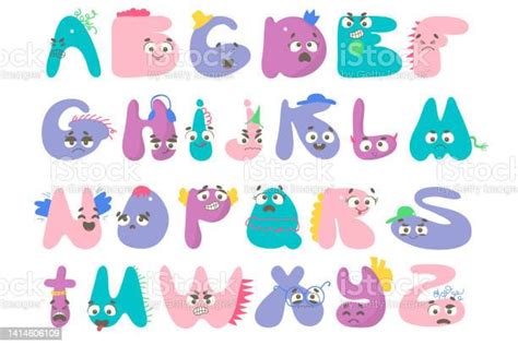 눈과 속눈썹이있는 귀여운 손으로 그린 알파벳 감정이있는 낙서 편지 재미있는 웃는 얼굴과 카와이 거품 글꼴 책 표지 포스터 카드 아기의 옷에 인쇄를위한 재미있는 Abc 디자인