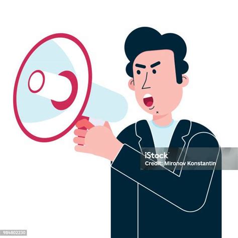 큰 확성기 스피커에서 음성 이야기 소송에서 비즈니스 사람 연설 리더십 또는 거리 항의 개념 기호 평면 스타일 벡터 일러스트 레이 션 흰색 배경에 고립 된 소파 격려에 대한