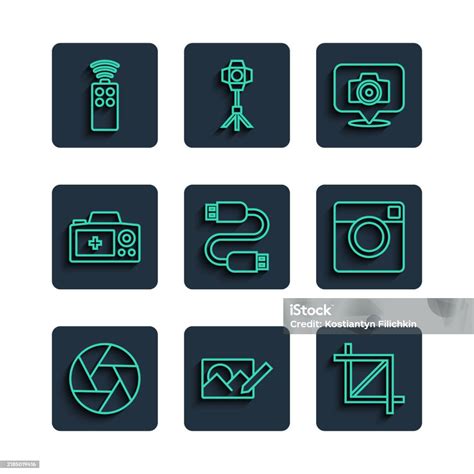 라인 카메라 셔터 사진 수정 사진 자르기 사진 카메라 Usb 케이블 코드 리모컨 및 아이콘을 설정합니다 벡터 0명에 대한 스톡 벡터 아트 및 기타 이미지 Istock