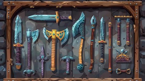 Premium Photo Game Shop Menu With Medieval Weapons Swords Axes And Shields In Metal Frames